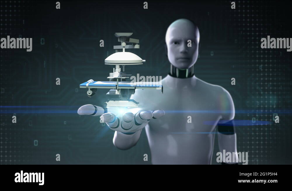 Robot cyborg open palm, Hospital medical surgery clinic operation bed ...