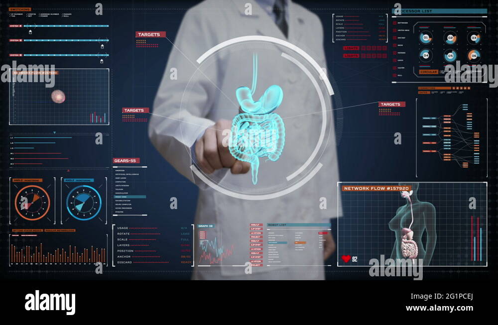 Doctor touching body scanning internal organs, Digestion system in ...