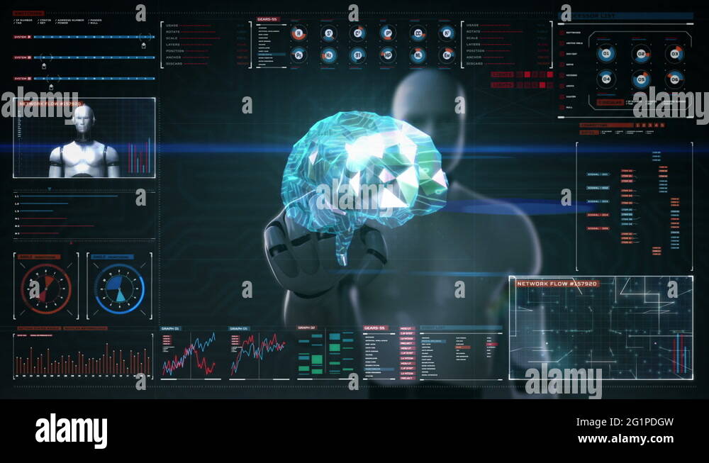 Robot touching digital screen, humanoid, Brain in digital display ...