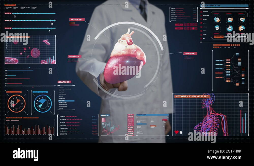 Doctor touching digital screen, scanning heart. Human cardiovascular ...