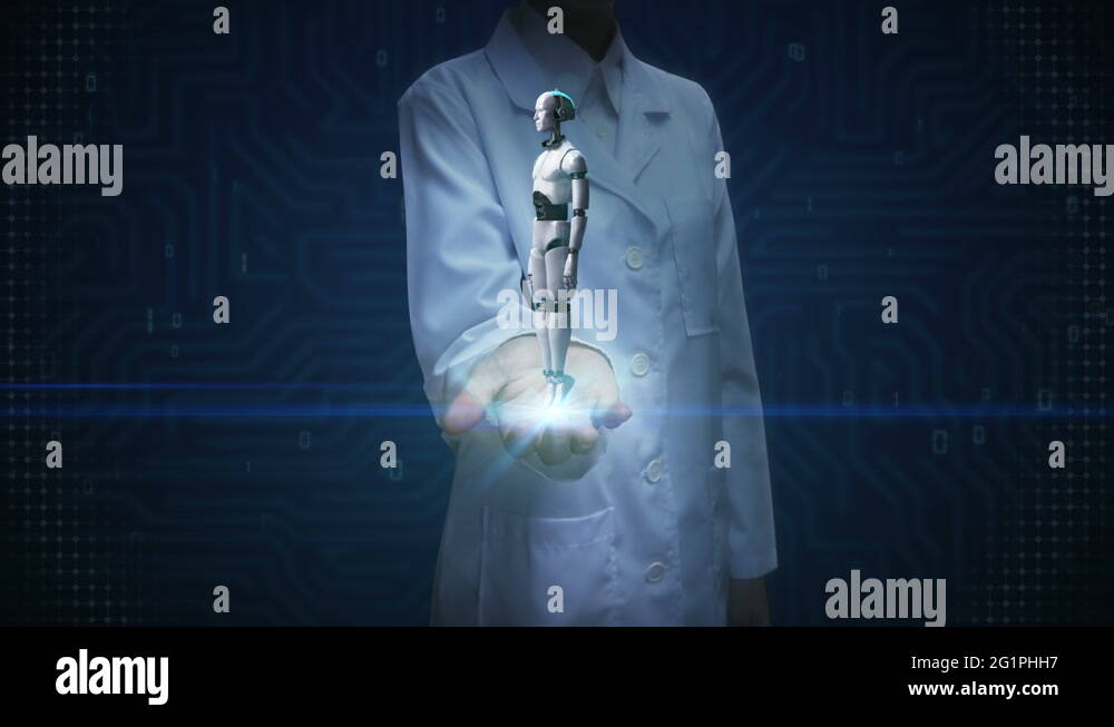 Female doctor open palm, Rotating 3D robot cyborg body. Artificial ...