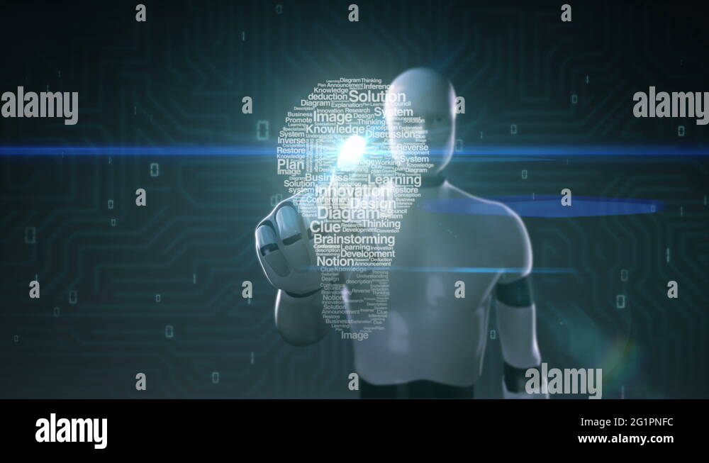 Robot, cyborg touched screen, texts makes bulb light, showing text ...