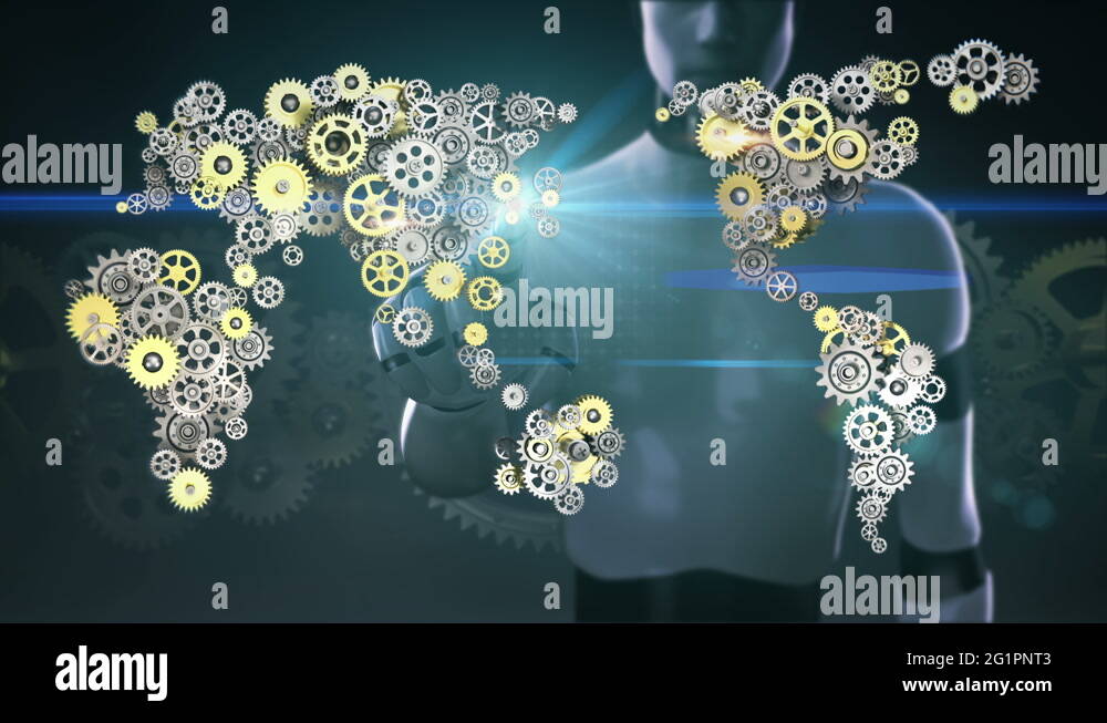 Robot, cyborg touched Steel golden gears making global world map.2 ...