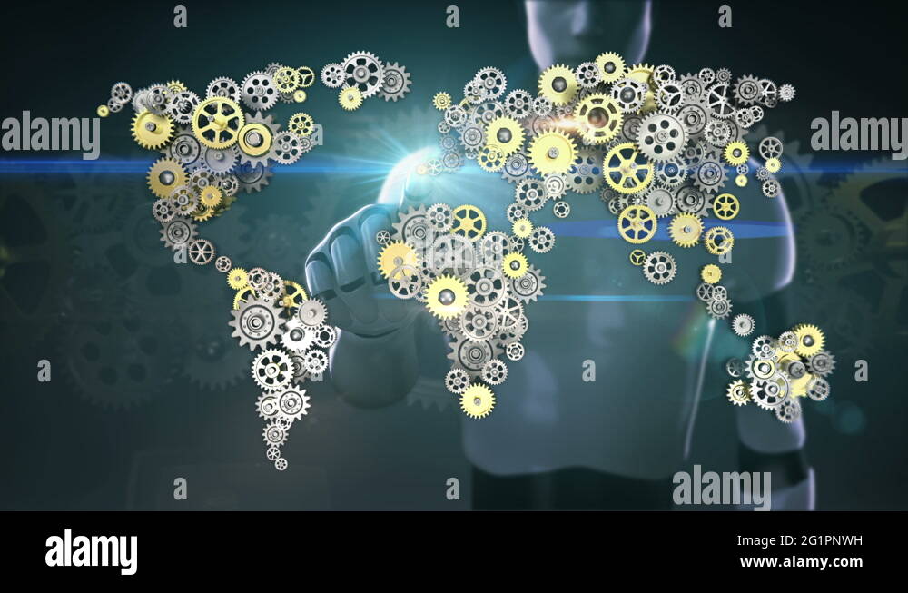 Robot, cyborg touched Steel golden gears making global world map.1 ...