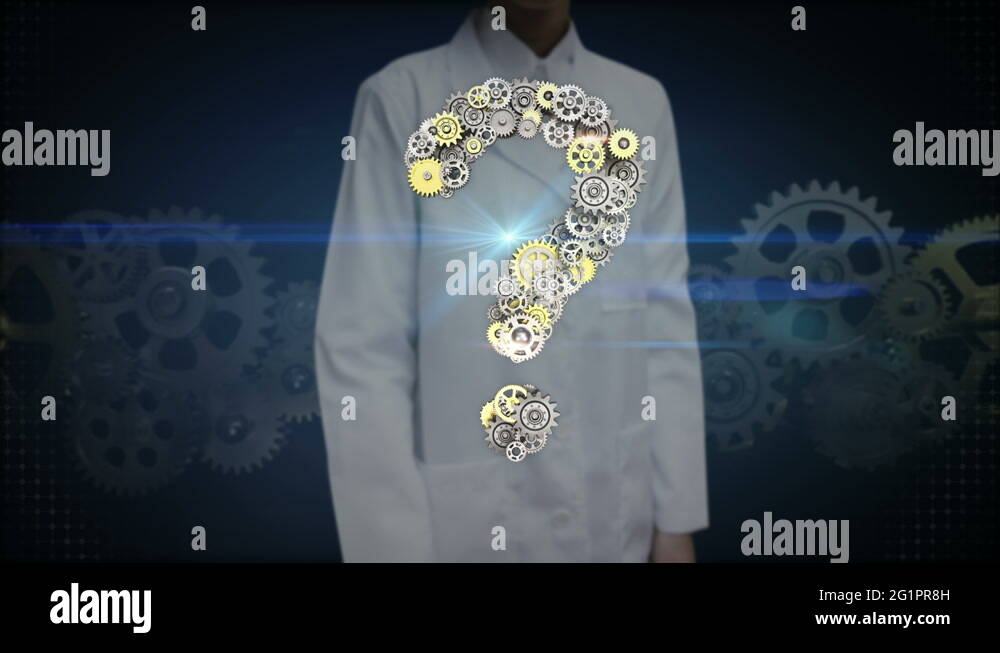 Female researcher, Engineer open palm, Steel golden gears making ...