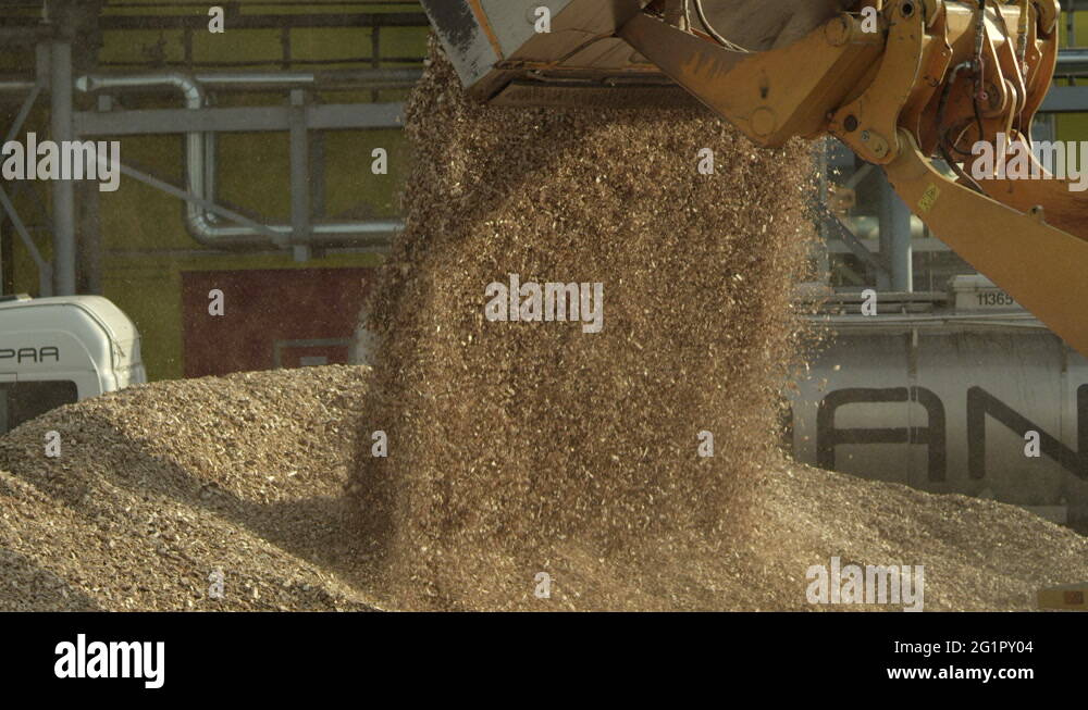 Front loader pouring wood chip into a big pile Stock Video Footage - Alamy