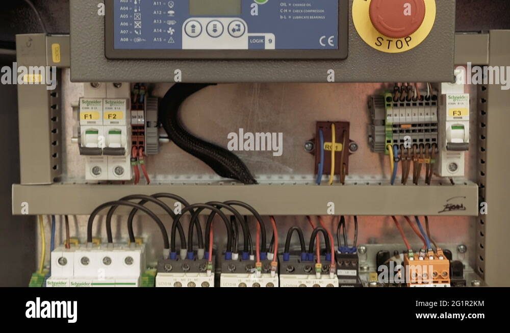 Electric box with emergency stop red button Stock Video Footage - Alamy