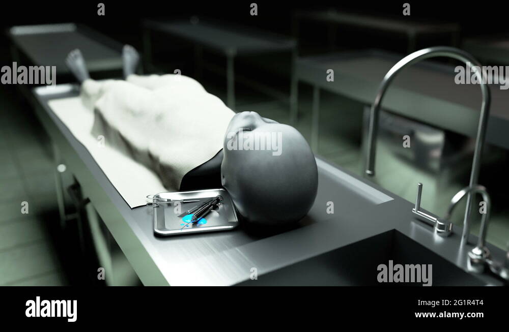 The dead alien in the morgue on the table. Futuristic autopsy concept ...