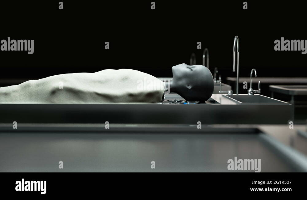 The dead alien in the morgue on the table. Futuristic autopsy concept ...
