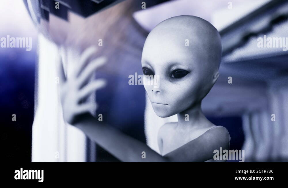 Alien in futuristic room. hand reaching out with Earth planet. UFO ...