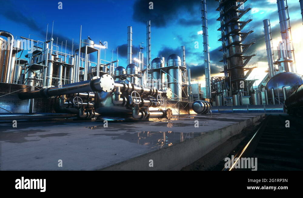 Refinery. Petrolium, chemical plant. Metal Pipe.Realistic cinematic 4k ...