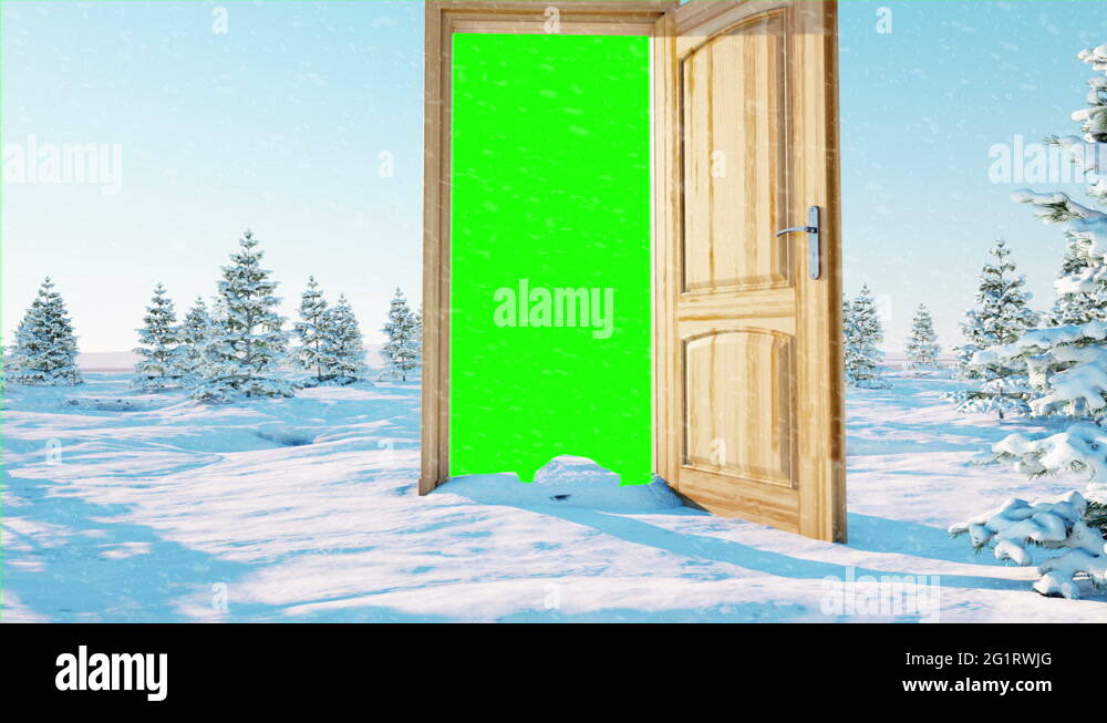 Flight through an open door. Portal through winter landscape. Green ...