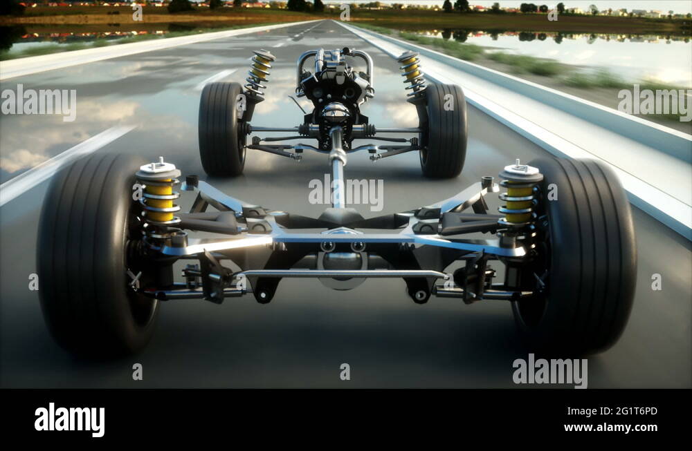 Car chassis with engine on highway. Very fast driving. Auto concept ...
