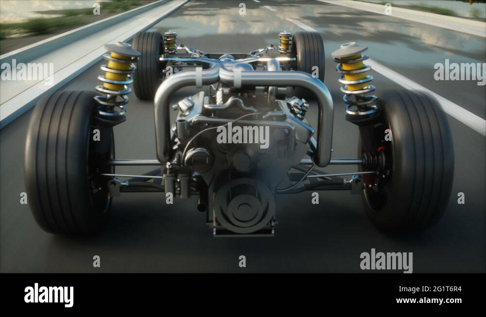 Car chassis with engine on highway. Very fast driving. Auto concept ...