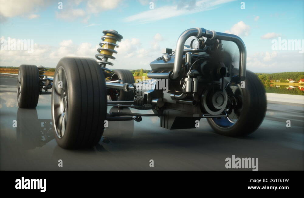 Car chassis with engine on highway. Very fast driving. Auto concept ...