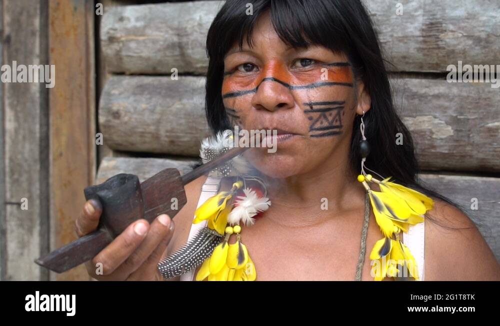 Indigenous Woman Smoking Pipes in a Tupi Guarani Tribe, Brazil Stock ...