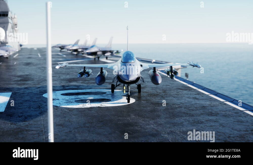 Jet f16, fighter on aircraft carrier in sea, ocean . War and weapon ...