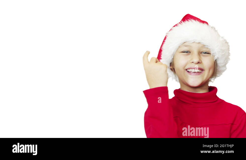 girl in the hat of Santa Claus reckons on white background Stock Video ...