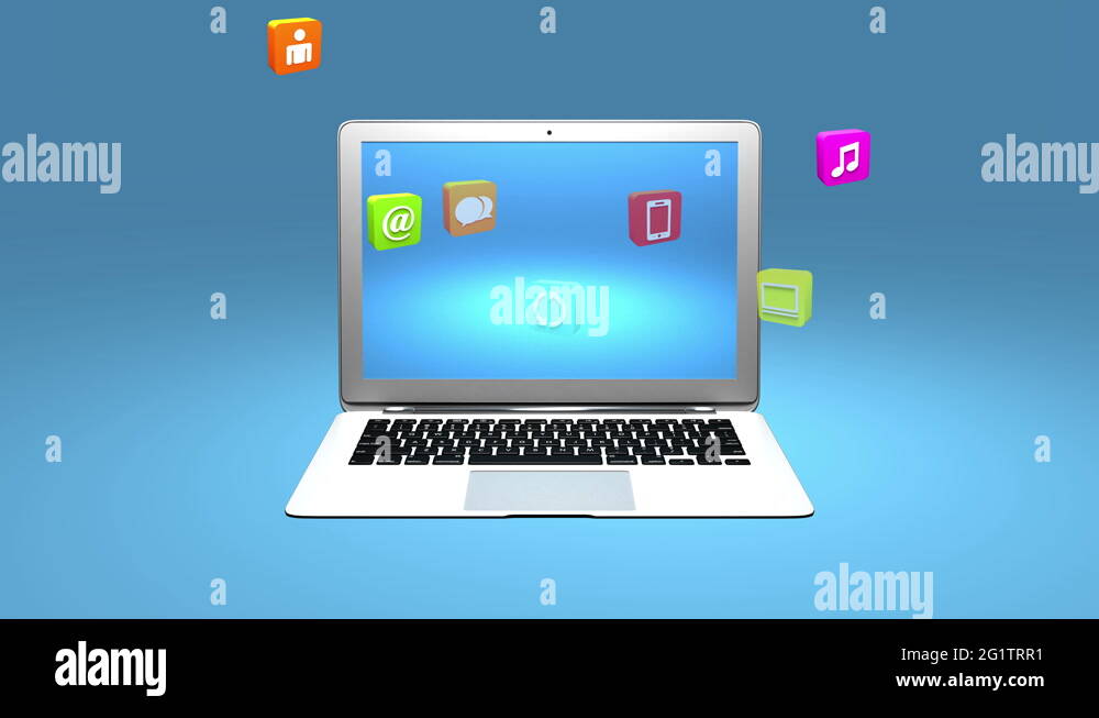 4k,internet concept symbol floating up,online services icons,laptop ...