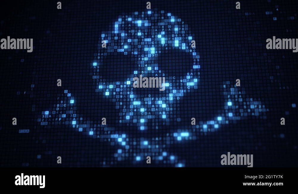 Blue skull shape of hex code on monitor loopable animation 4k UHD ...