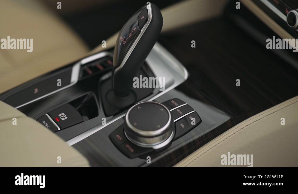 Modern car interior, view of the car's control panel and the gearbox ...