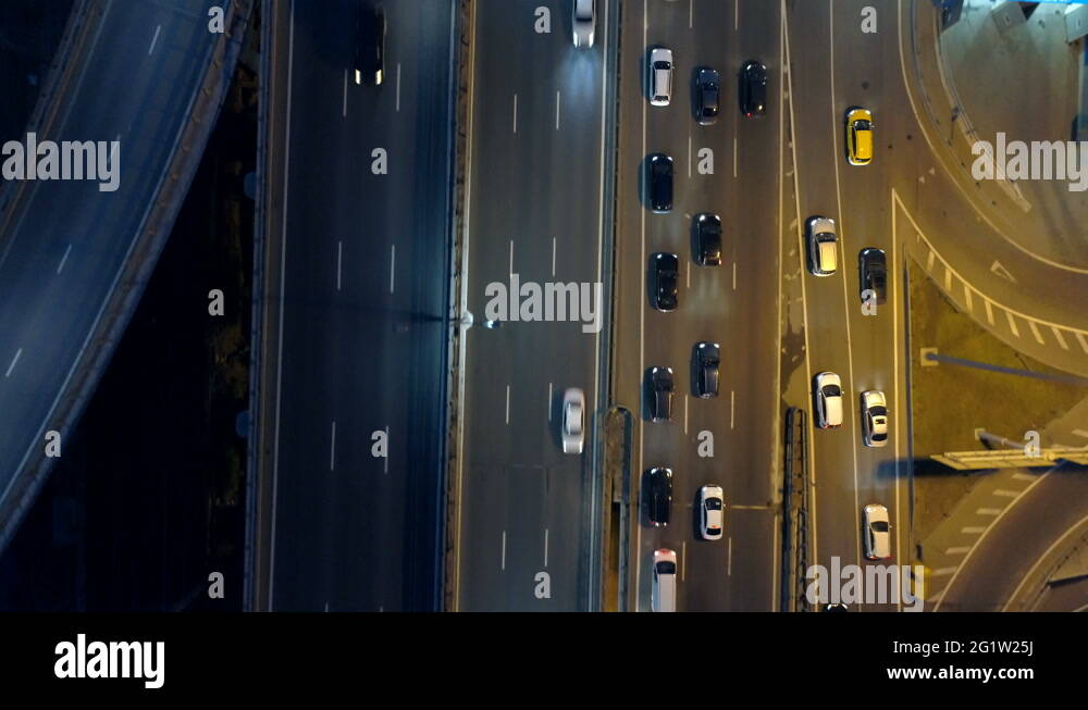 Heavy traffic at roads and highways at night. Directly from above Stock ...