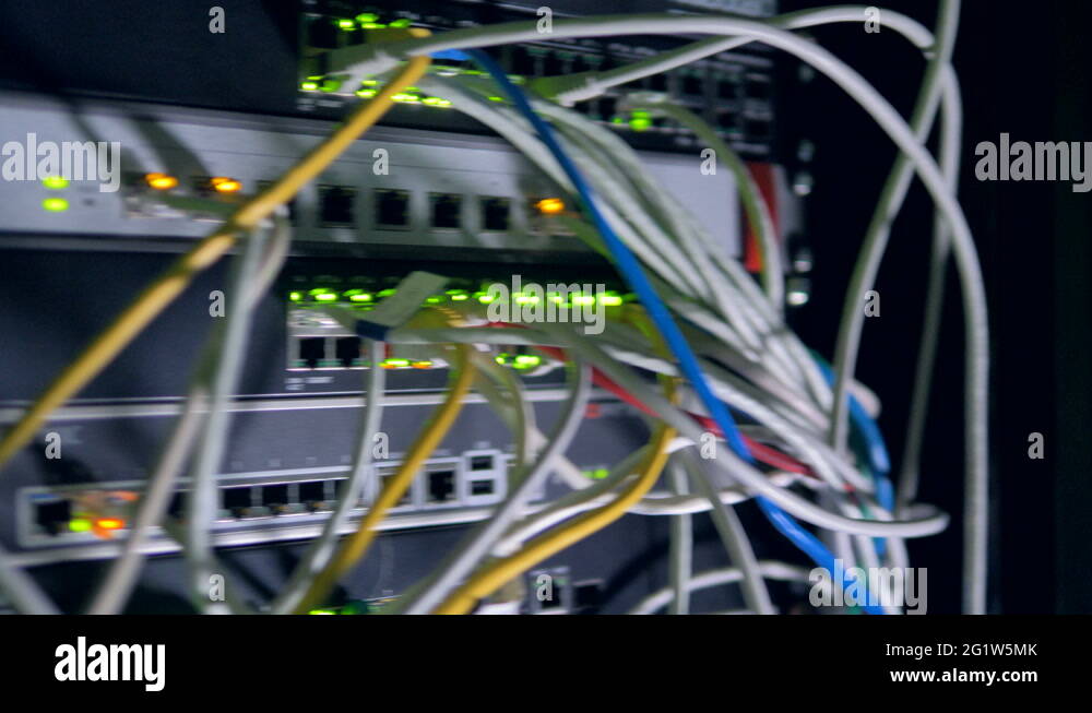 A bunch of many patch cords plugged into a network switch. 4K Stock ...