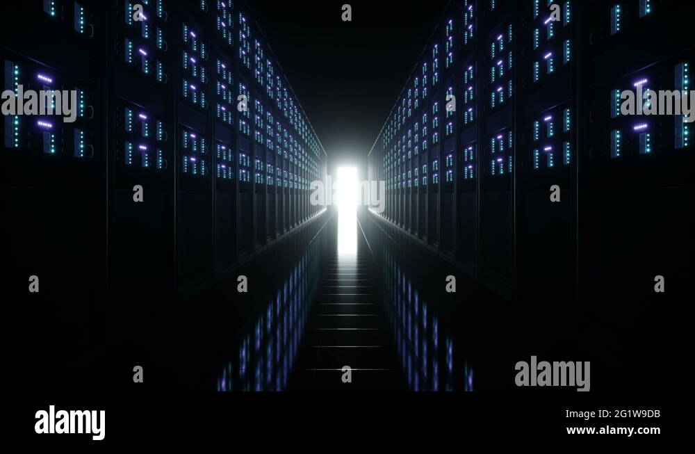 interior of server room in datacenter. The flying camera. 4k animation ...