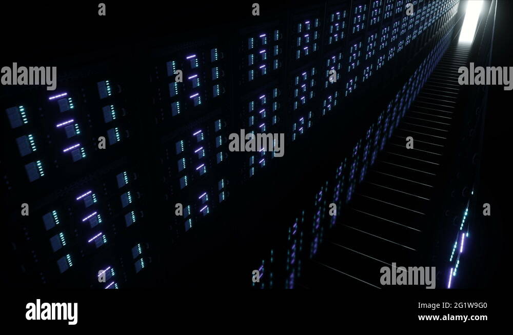 interior of server room in datacenter. The flying camera. 4k animation ...