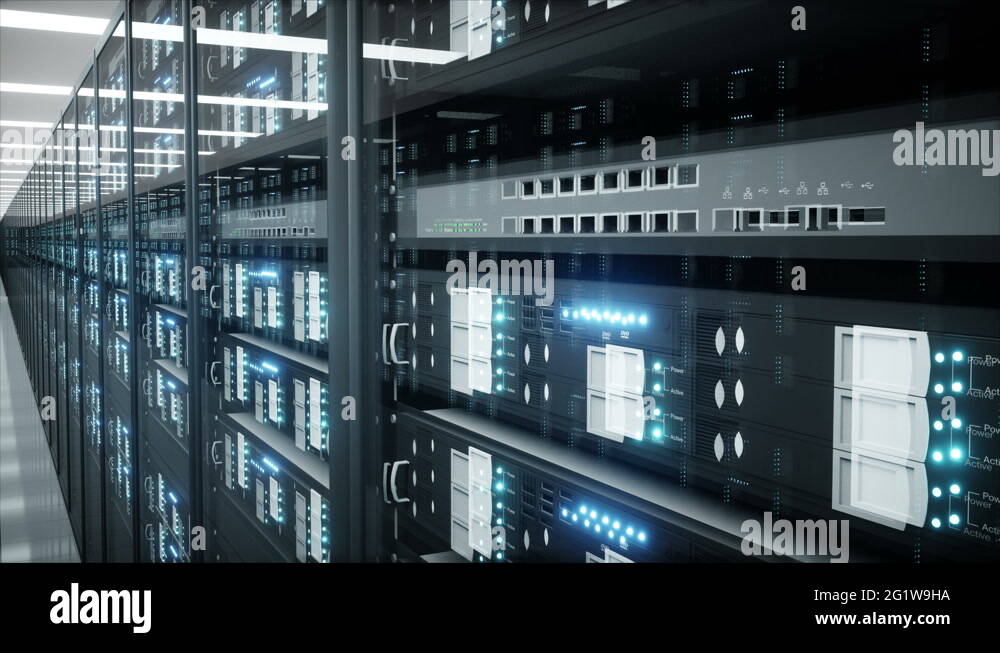 interior of server room in datacenter. The flying camera. 4k animation ...