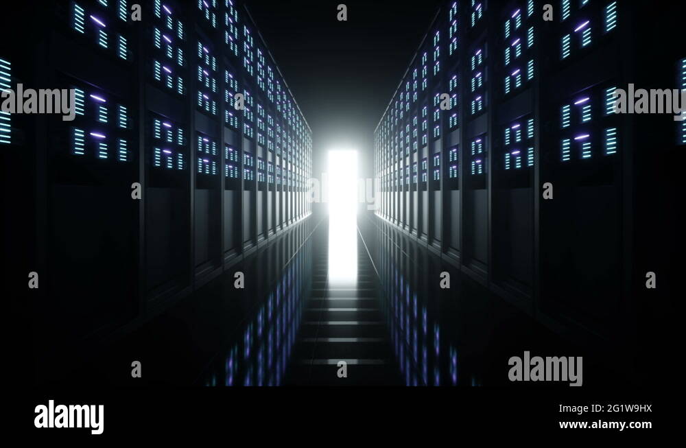 interior of server room in datacenter. The flying camera. 4k animation ...