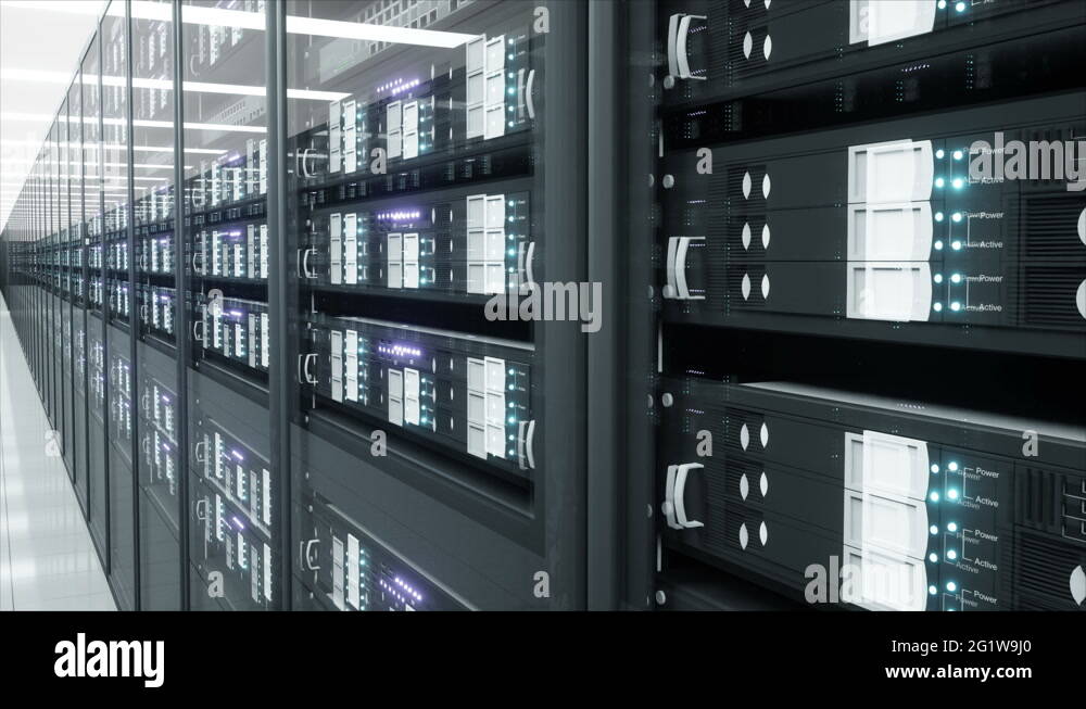 interior of server room in datacenter. The flying camera. 4k animation ...