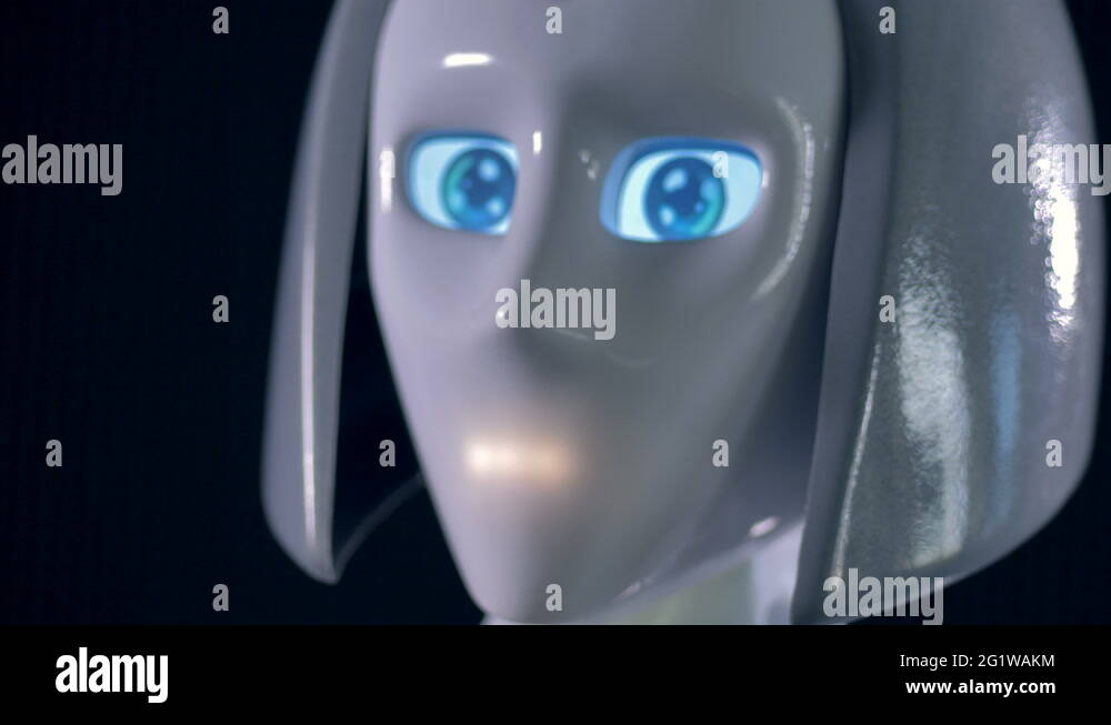 Robot eyes, view close-up. Robot looking aroynd with wide opened eyes ...