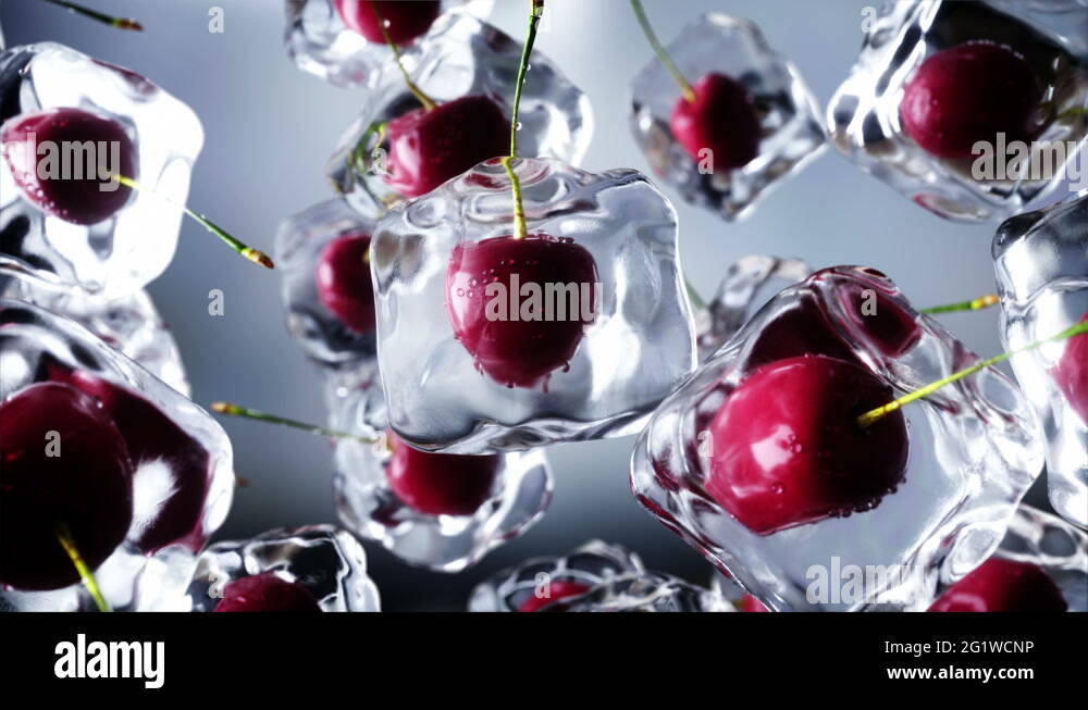 Cherry rotate in ice cubes. Food and broadcast concept. Realistic ice ...