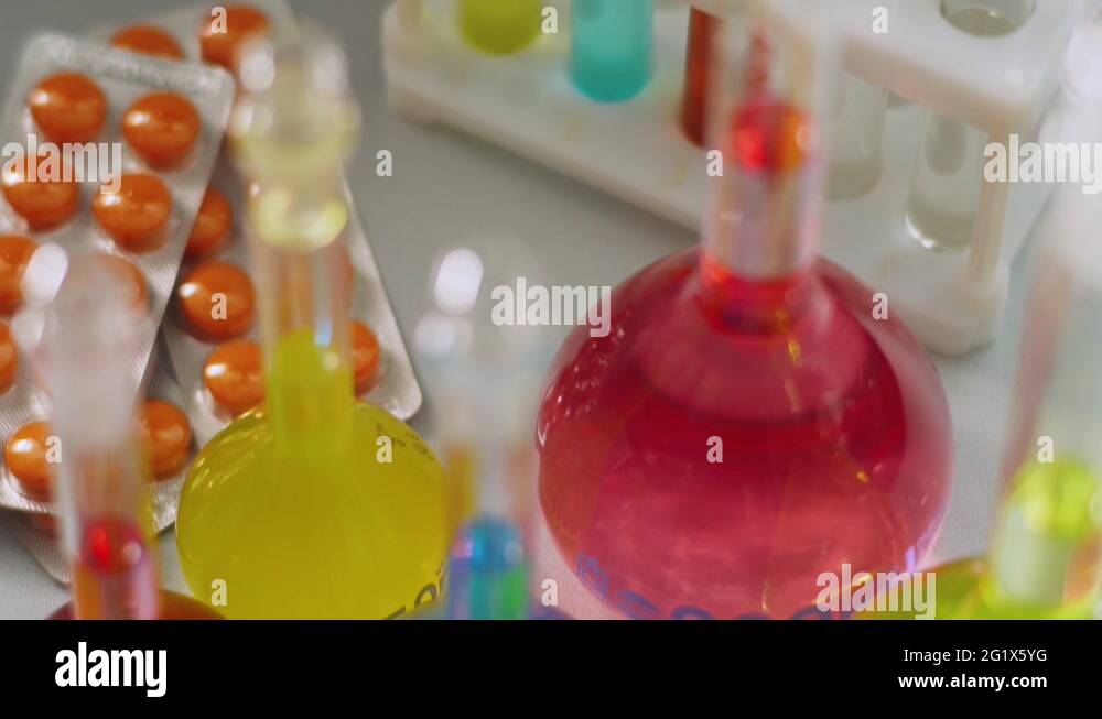 Pharmaceutical laboratory, view of the reagents and medicinal ...