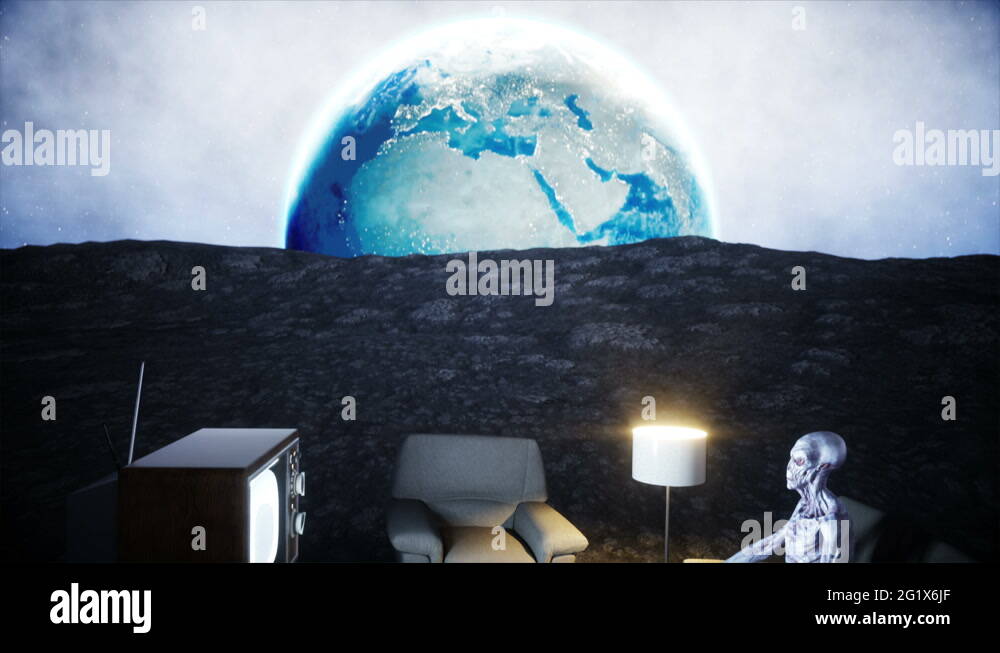 funny alien watching TV on the sofa on the moon. Living on the moon ...