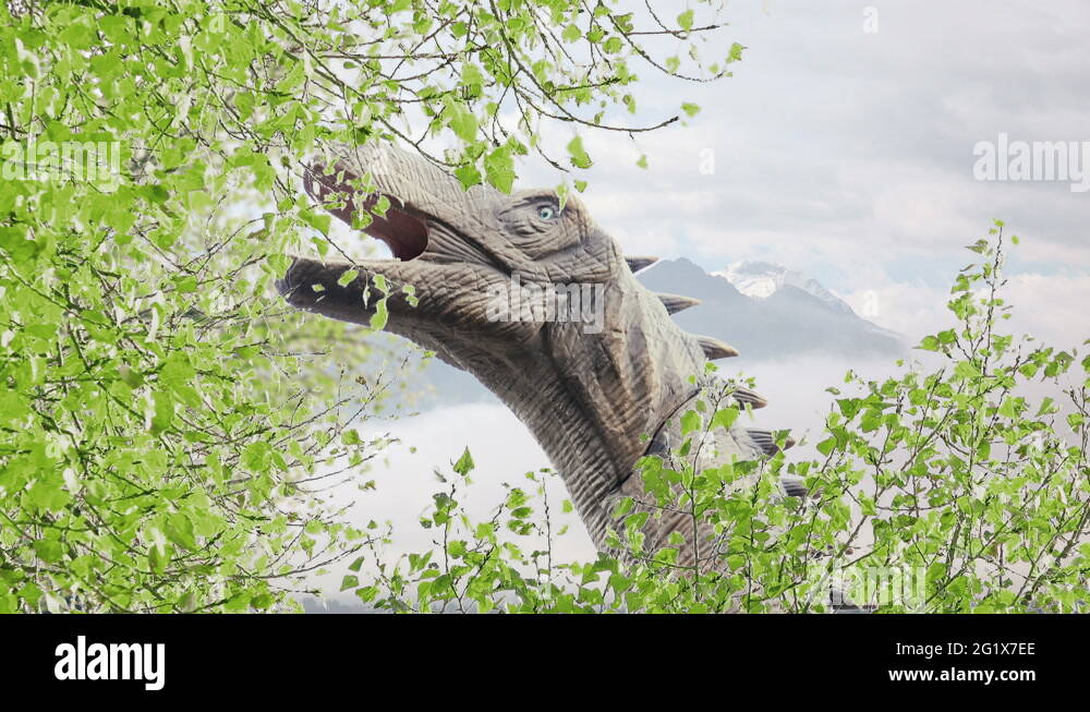 Close-up View of Brachiosaurus Eating Leaves from the Trees. 4K Ultra ...