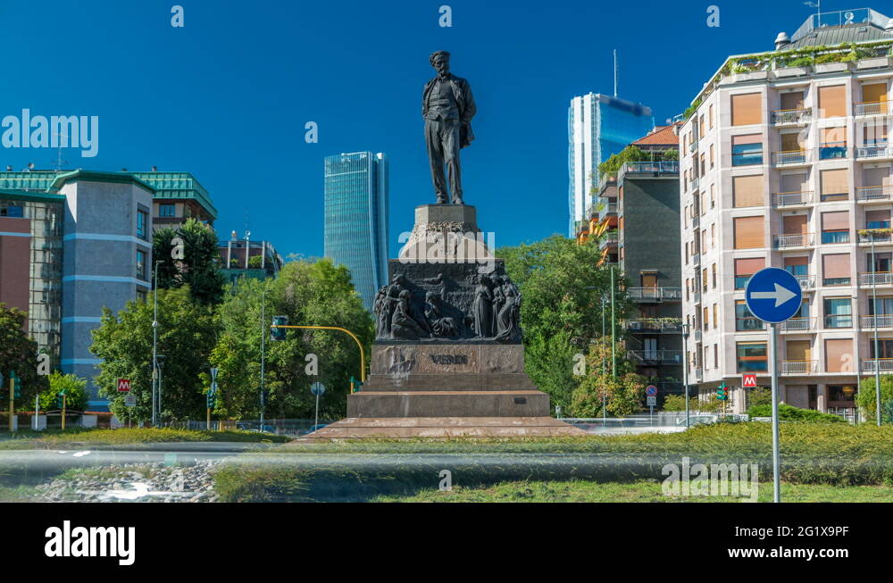 Statue of Giuseppe Verdi, in the front of Casa Verdi timelapse Milan ...