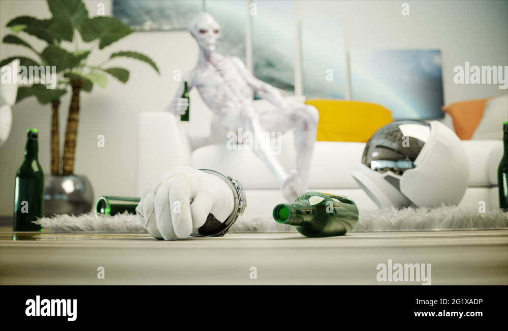 Funny alien with beer sit on sofa. Relax. Alien concept. Realistic 4K ...