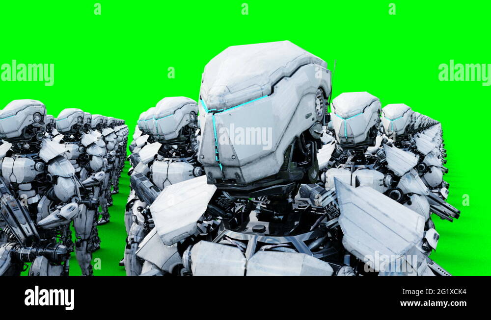 invasion of military robots with gun. marching robots. Green screen 4k ...