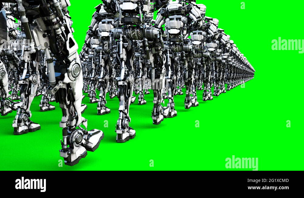 invasion of military robots with gun. marching robots. Green screen 4k ...
