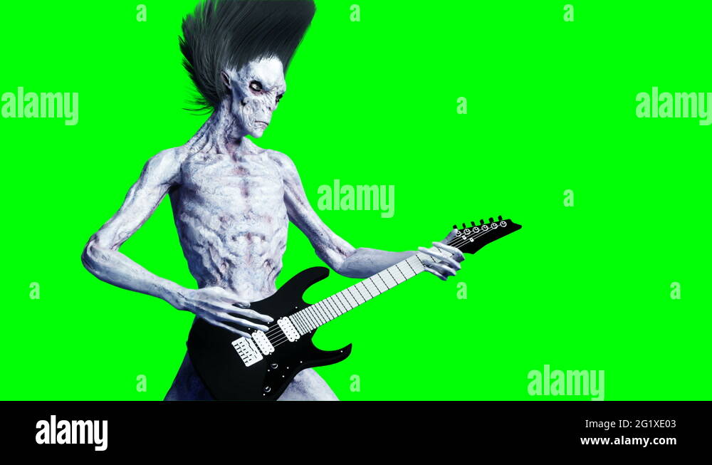 Funny alien plays on electric guitar. Realistic motion and skin shaders ...