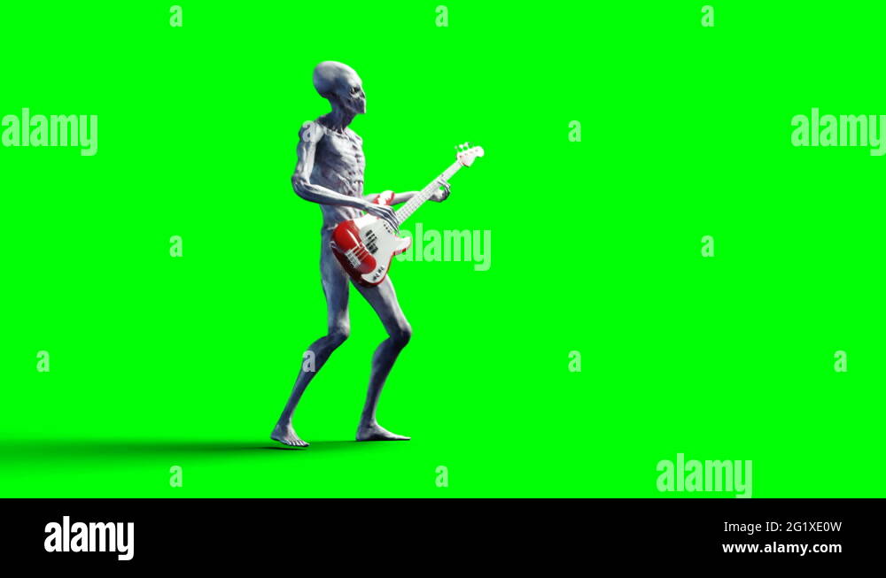 Funny alien plays on bass guitar. Realistic motion and skin shaders. 4K ...