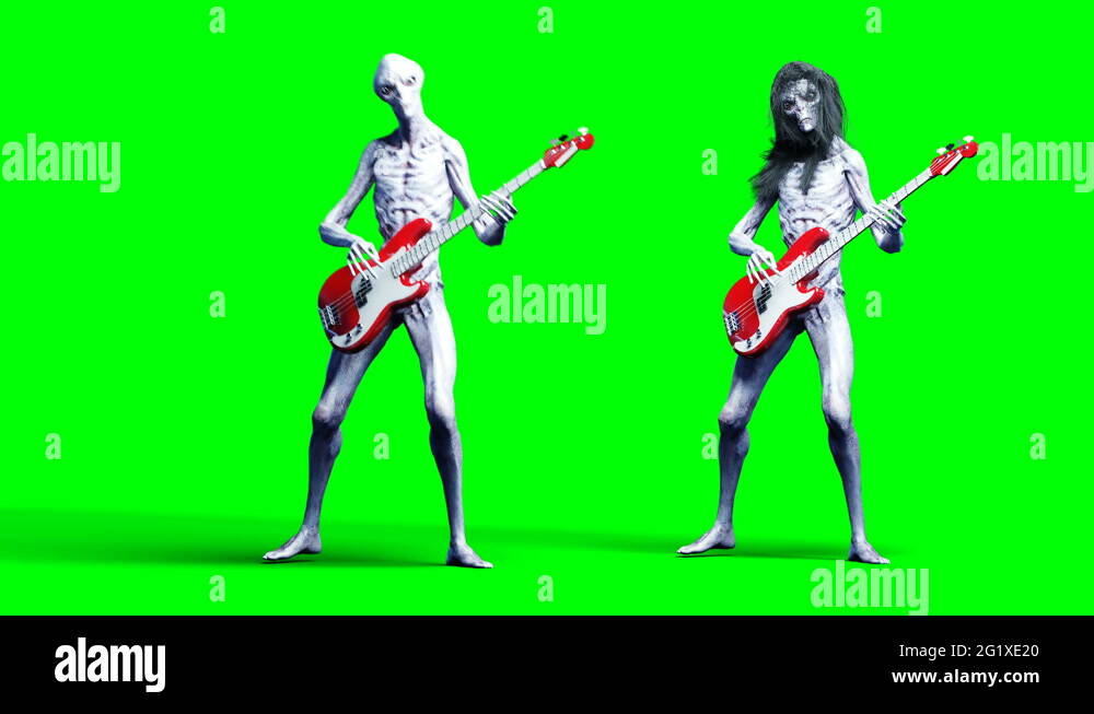 Funny alien plays on bass guitar. Realistic motion and skin shaders. 4K ...