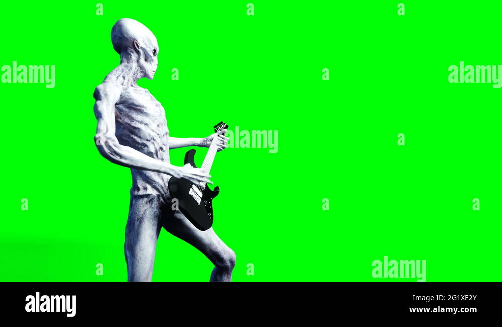 Funny alien plays on electric guitar. Realistic motion and skin shaders ...