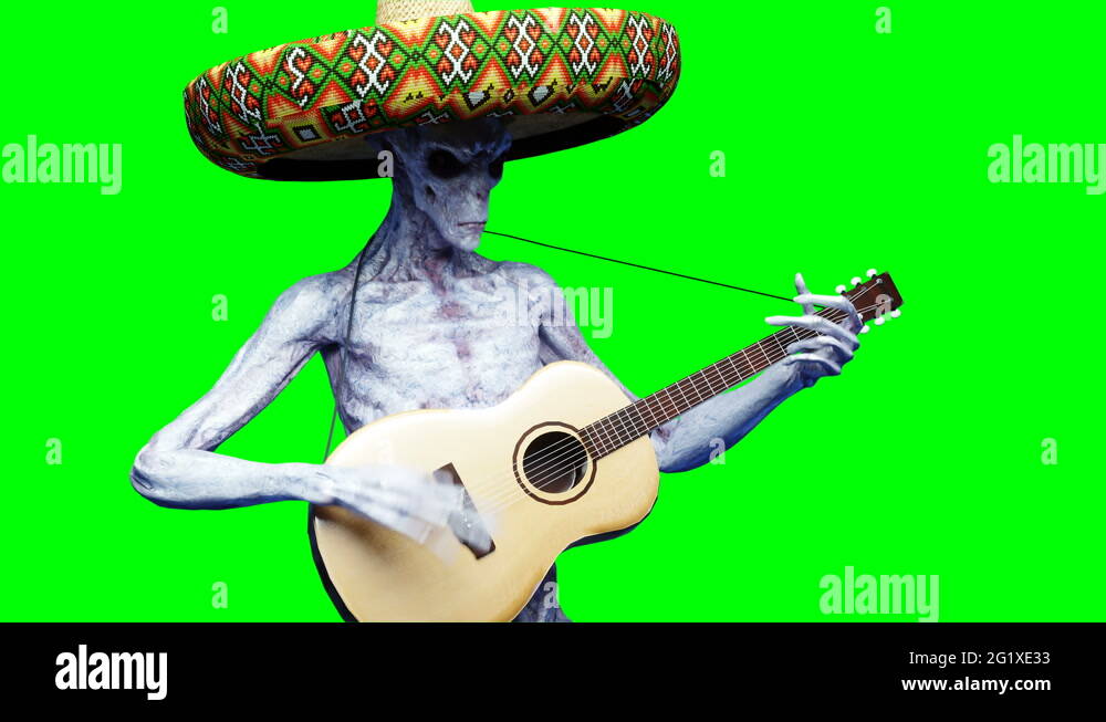 Funny alien plays on acustic guitar. Realistic motion and skin shaders ...