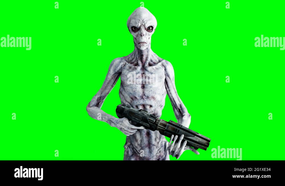 Alien walking with gun. Realistic motion and skin shaders. 4K green ...