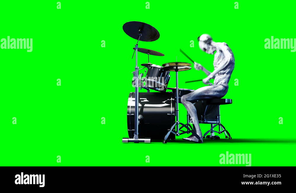 Funny alien plays on drums. Realistic motion and skin shaders Stock ...