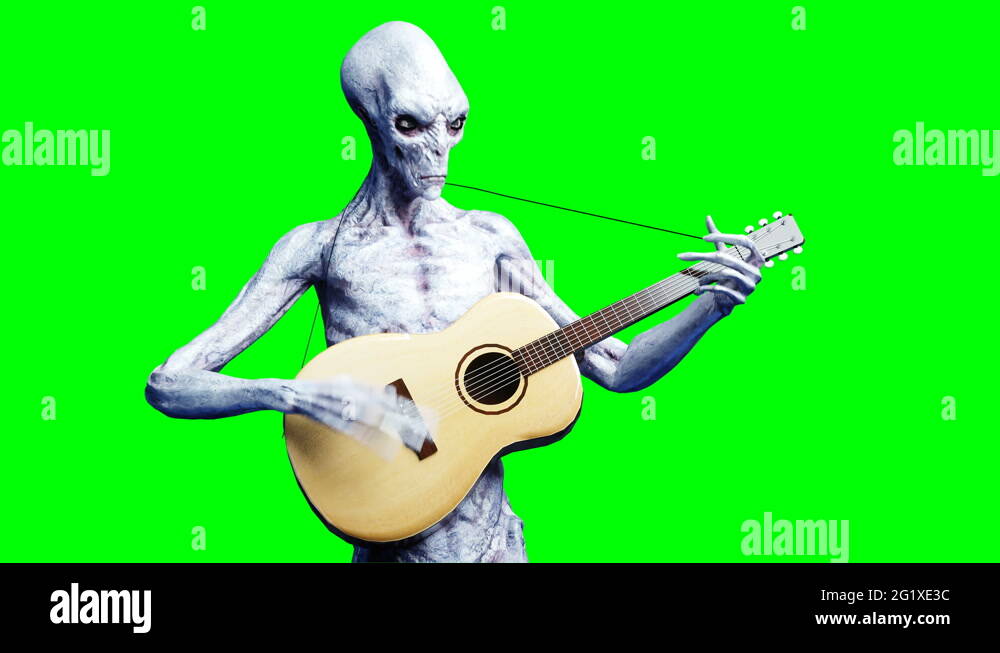 Funny alien plays on acustic guitar. Realistic motion and skin shaders ...