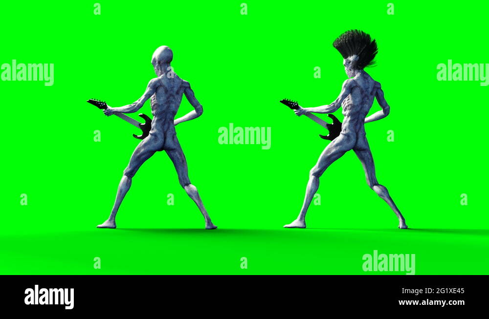 Funny alien plays on electric guitar. Realistic motion and skin shaders ...